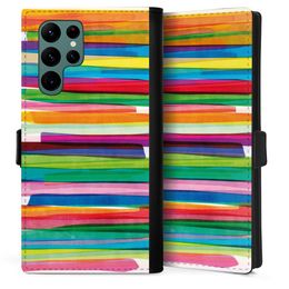 DeinDesign Galaxy S22 Ultra Handy Klapph&uuml;lle Handyh&uuml;lle aus Kunst Leder schwarz Flip Case Water Colour Stripes Colourful Sideflip mit langer Lasche