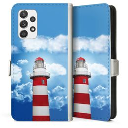 DeinDesign Galaxy A52s 5G Handy Klapph&uuml;lle Handyh&uuml;lle aus Kunst Leder wei&szlig; Flip Case Cloud Lighthouse Sky Sideflip mit Lasche