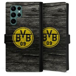 DeinDesign Galaxy S22 Ultra Handy Klapph&uuml;lle Handyh&uuml;lle aus Kunst Leder schwarz Flip Case Wooden Look Bvb Borussia Dortmund Sideflip mit langer Lasche