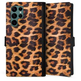 DeinDesign Galaxy S22 Ultra Handy Klapph&uuml;lle Handyh&uuml;lle aus Kunst Leder schwarz Flip Case Animal Print Leopard Fur Sideflip mit langer Lasche