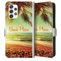 DeinDesign Galaxy A52s 5G Handy Klapph&uuml;lle Handyh&uuml;lle aus Kunst Leder wei&szlig; Flip Case Beach Palm Tree Urlaub Sideflip mit Lasche