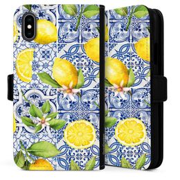 DeinDesign iPhone X Handy Klapph&uuml;lle Handyh&uuml;lle aus Kunst Leder schwarz Flip Case Muster Greece Lemon Sideflip mit langer Lasche