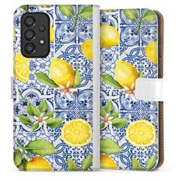 DeinDesign Galaxy A33 5G Handy Klapph&uuml;lle Handyh&uuml;lle aus Kunst Leder wei&szlig; Flip Case Lemon Greece Muster Sideflip mit Lasche