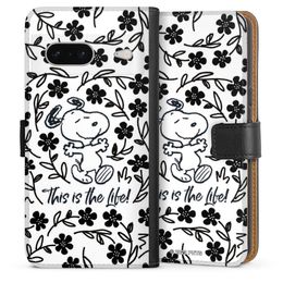 DeinDesign Google Pixel 7 Handy Klapph&uuml;lle Handyh&uuml;lle aus Kunst Leder schwarz Flip Case Peanuts Flowers Snoopy Sideflip mit langer Lasche