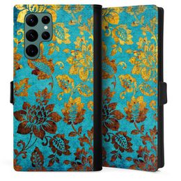 DeinDesign Galaxy S22 Ultra Handy Klapph&uuml;lle Handyh&uuml;lle aus Kunst Leder schwarz Flip Case Flowers Vintage Ornament Sideflip mit langer Lasche