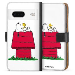DeinDesign Google Pixel 7 Handy Klapph&uuml;lle Handyh&uuml;lle aus Kunst Leder schwarz Flip Case Snoopy Peanuts Official Licensed Product Sideflip mit langer Lasche