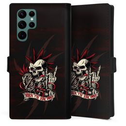 DeinDesign Galaxy S22 Ultra Handy Klapph&uuml;lle Handyh&uuml;lle aus Kunst Leder schwarz Flip Case Rock Totenkopf Music Sideflip mit langer Lasche