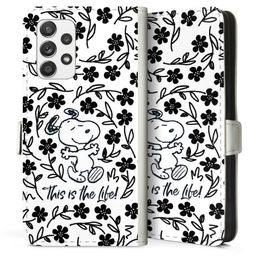 DeinDesign Galaxy A52s 5G Handy Klapph&uuml;lle Handyh&uuml;lle aus Kunst Leder wei&szlig; Flip Case Peanuts Flowers Snoopy Sideflip mit Lasche