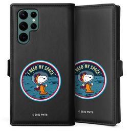 DeinDesign Galaxy S22 Ultra Handy Klapph&uuml;lle Handyh&uuml;lle aus Kunst Leder schwarz Flip Case Peanuts Snoopy Weltall Sideflip mit langer Lasche