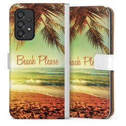 DeinDesign Galaxy A33 5G Handy Klapph&uuml;lle Handyh&uuml;lle aus Kunst Leder wei&szlig; Flip Case Beach Palm Tree Urlaub Sideflip mit Lasche