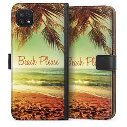 DeinDesign Galaxy A22 5G Handy Klapph&uuml;lle Handyh&uuml;lle aus Kunst Leder schwarz Flip Case Beach Palm Tree Urlaub Sideflip mit langer Lasche