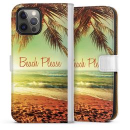 DeinDesign iPhone 12 Pro Max Handy Klapph&uuml;lle Handyh&uuml;lle aus Kunst Leder wei&szlig; Flip Case Palm Tree Urlaub Beach Sideflip mit Lasche