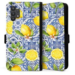 DeinDesign Galaxy A32 5G Handy Klapph&uuml;lle Handyh&uuml;lle aus Kunst Leder schwarz Flip Case Muster Greece Lemon Sideflip mit langer Lasche