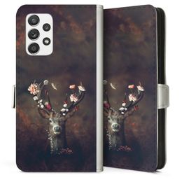 DeinDesign Galaxy A52s 5G Handy Klapph&uuml;lle Handyh&uuml;lle aus Kunst Leder wei&szlig; Flip Case Reindeer Flowers Rehe Sideflip mit Lasche