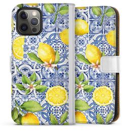 DeinDesign iPhone 12 Pro Max Handy Klapph&uuml;lle Handyh&uuml;lle aus Kunst Leder wei&szlig; Flip Case Muster Greece Lemon Sideflip mit Lasche