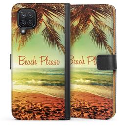 DeinDesign Galaxy A12 Handy Klapph&uuml;lle Handyh&uuml;lle aus Kunst Leder schwarz Flip Case Beach Palm Tree Urlaub Sideflip mit langer Lasche