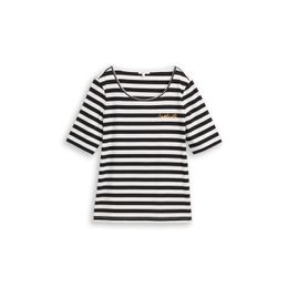 Tom Tailor Damen T-Shirt mit Stickerei, schwarz, Gestreift, Gr. XXL