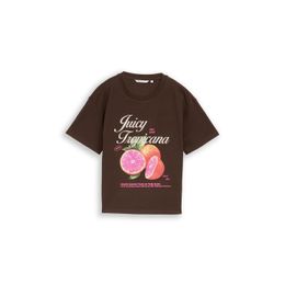 Tom Tailor Denim Damen Boxy Fit T-Shirt mit Print, braun, Uni, Gr. M