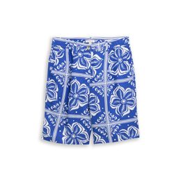 Tom Tailor Damen Loose Fit Bermuda Shorts mit Leinenanteil, blau, Gemustert, Gr. 38