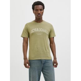 Jack & Jones T-Shirt JACK & JONES "JORALMERIA BOLD BRANDING TEE SS CN", Herren, Gr. S, beige (cedar), Jersey, Obermaterial: 100% Baumwolle, bedruckt, regular fit taillenbedeckt, Rundhals, gerader Abschluss, Shirts T-Shirt, mit Logo Druck