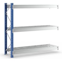 Manorga Schwerlast-Gro&szlig;fachregal mit Drahtgitterauflagen, Rahmenfarbe Blau, HxBxT 2496 x 2780 x 800 mm, Anbauregal