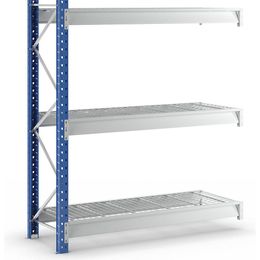 Manorga Schwerlast-Gro&szlig;fachregal mit Drahtgitterauflagen, Rahmenfarbe Blau, HxBxT 2496 x 2330 x 800 mm, Anbauregal