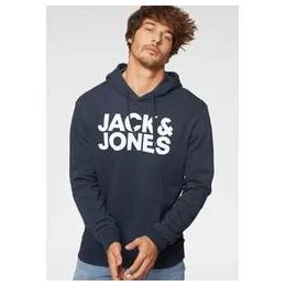 Jack & Jones Kapuzensweatshirt JACK & JONES "JJECORP Kapuze und Frontprint", Herren, Gr. M, blau (navy blazer), Obermaterial: 61% Polyester, 39% Baumwolle, bedruckt, normal, Rundhals, B&uuml;ndchen, Sweatshirts, bedruckt, modisch, regular fit, Baumwollmischung, Rundhals