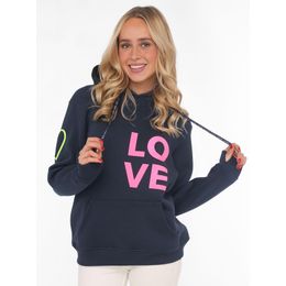 Kapuzensweatshirt Zwillingsherz, Damen, Gr. SM (S/M), blau (navy), Sweatware, Obermaterial: 50% Baumwolle, 50% Polyester, unifarben, normal h&uuml;ftlang, V-Ausschnitt, Sweatshirts, mit gesticktem Neon Herz am &Auml;rmel und "Love" Schriftzug auf Kordel