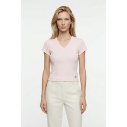 T-Shirt Calvin Klein Jeans "A- SS WOVEN LABEL RIB VNECK TEE", Damen, Gr. S, mangano calcite, Rippware, Obermaterial: 95% Baumwolle, 5% Elasthan, figurbetont taillenbedeckt, V-Ausschnitt, Shirts T-Shirt, mit gewebtem Label