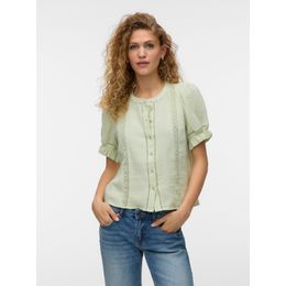 V&eacute;ro Moda Kurzarmbluse VERO MODA "VMNATALI 2/4 LACE SHORT TOP WVN NOOS", Damen, Gr. M, fog gr&uuml;n, Web, Obermaterial: 100% Baumwolle, unifarben, regular fit normal, Rundhals, Blusen, Baumwolle, regular fit