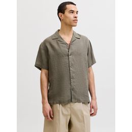 Jack & Jones Leinenhemd JACK & JONES "JPRBLALAWRENCE LINEN RESORT S/S SHIRT SN", Herren, Gr. L, N-Gr, smokey olive, Web, Obermaterial: 100% Leinen, unifarben, normal, V-Ausschnitt, Hemden, Leinen, relaxed fit
