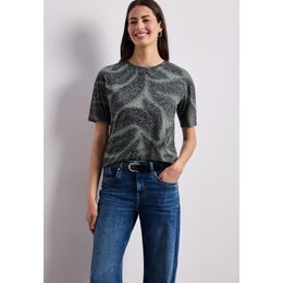 Kurzarmshirt Street One, Damen, Gr. 36, deep bound gr&uuml;n, Jersey, Obermaterial: 65% Polyester, 35% Viskose, regular fit h&uuml;ftbedeckend, Rundhals, abgesteppte Kante, Shirts, Sommershirt im Ausbrenner-und Leo-Look