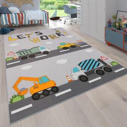 Kinderteppich Paco Home "Bino 578", grau, B:80cm H:4mm L:150cm, Polyester, Teppiche, Kinderteppich, Spielteppich, Motiv Autos & Baustelle, Kinderzimmer