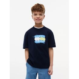 T-Shirt Tommy Hilfiger, Jungen, Gr. 4 (104), schwarz night navy, Single Jersey, Obermaterial: 100% Baumwolle, unifarben, regular fit normal, Rundhals, abgesteppte Kante, Shirts T-Shirt, f&uuml;r Kinder bis 16 Jahre, Graffiti-Druck, Regular Fit