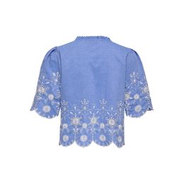 Kurzarmbluse Only "ONLMIFFY S/S EMB TIE TOP NOOS WVN", Damen, Gr. L, medium blau denim, Web, Obermaterial: 100% Baumwolle, unifarben mit Farbeinsatz, regular fit normal, V-Ausschnitt, Blusen, Baumwolle, regular fit, V-Ausschnitt