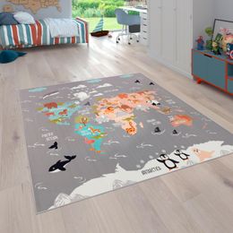 Kinderteppich Paco Home "Bino 581", grau, B:200cm H:4mm L:200cm, Polyester, Teppiche, Kinderteppich, Spielteppich, Motiv Weltkarte & Tiere, Kinderzimmer