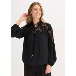 bonprix Schlupfbluse mit Spitze, schwarz, Gr.42, Verspielt und Modern: Bluse mit Spitzen-Einsatz und Schn&uuml;rung am Kragen