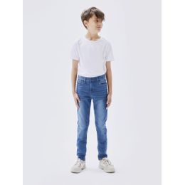 Slim-fit-Jeans name it "NKMTHEO XSLIM JEANS", Jungen, Gr. 92, N-Gr, blau (medium, blau, denim), Denim/Jeans, Obermaterial: 41% Viskose, 31% Baumwolle, 25% Polyester, 3% Elasthan, Abriebeffekte, slim fit lang, Jeans Slim-fit-Jeans