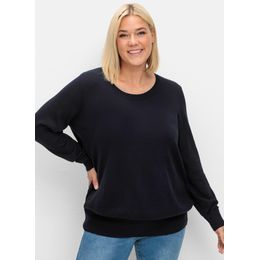 Rundhalspullover sheego "Rundhalspullover", Damen, Gr. 40/42, blau (tiefblau), 60% Viskose, 40% Polyester, unifarben, Pullover Rundhalspullover