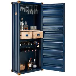 Ambia Home Barschrank, Blau, Gold, Holz, Metall, Holzwerkstoff, Mangoholz, Hartholz, Vintage, 1 F&auml;cher, 2 Schublade(n) Schubladen, 73x176x41 cm, stehend, handgemacht, Esszimmer, Barm&ouml;bel, Barschr&auml;nke & Theken