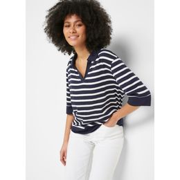 Poloshirt bonprix, Damen, Gr. 40/42 (M), blau (dunkelblau, wei&szlig; gestreift), Web, Obermaterial: 50% Baumwolle, 50% Viskose, gestreift, oversize normal, V-Ausschnitt, B&uuml;ndchen, Shirts, Oversize Passform, mit Halbarm, gestreiftes Design