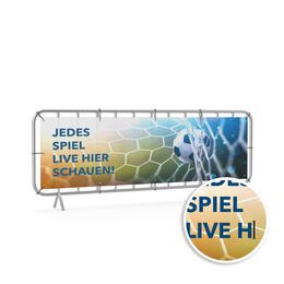 Absperrgitter Banner "Live-Spiele" bedrucken | 215 x 73 cm | Werbeartikel WM & EM | ges&auml;umt & ge&ouml;st | Werbebanner & Bannerwerbung online gestalten