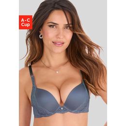 Push-up-BH s.Oliver "Pauline", Damen, Gr. 80, Cup B, blau (jeansblau), Microtouch, Obermaterial: 69% Polyamid, 17% Elasthan, 14% Polyester, BHs Push-up-BH, mit feiner Spitze seitlich am Cup und modischem Accessoire, Dessous