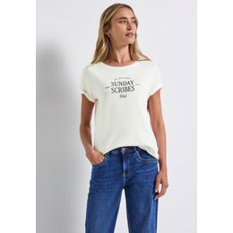 T-Shirt Street One, Damen, Gr. 34, wei&szlig; (sanftes wei&szlig;), Stoff, 50% Modal, 50% Baumwolle, bedruckt, normal normal, Rundhals, abgesteppt, Shirts T-Shirt, mit Wording-Print