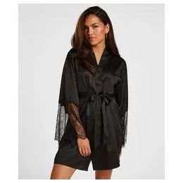 Hunkem&ouml;ller Bademantel HUNKEM&Ouml;LLER "Satin Kimono" Gr. M, schwarz, M/L, 100% Polyester, Hausm&auml;ntel, Bademantel