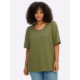 sheego Gro&szlig;e Gr&ouml;&szlig;en Rundhalsshirt in Flammgarn-Struktur, oliv, Gr&ouml;&szlig;e 52/54 - Damen