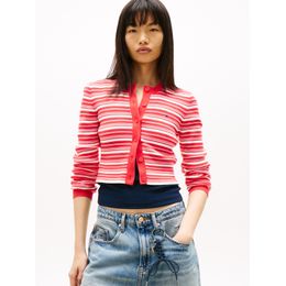 Strickjacke Tommy Jeans "TJW CREW NECK STRIPE CARDI EXT", Damen, Gr. XL (42), rot alert, Strick, Obermaterial: 100% Baumwolle, gestreift, normal, Rundhals, Strickjacken Strickjacke, reine Baumwolle, Streifen Look