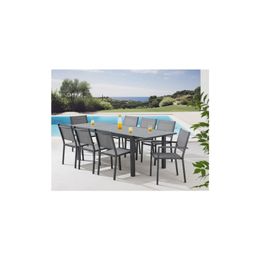 Calvi Garten-Essgruppe f&uuml;r 6 bis 8 Personen: Ausziehbarer Tisch (180&ndash;240 cm) + 2 Armlehnst&uuml;hle + 6 St&uuml;hle &ndash; Grau