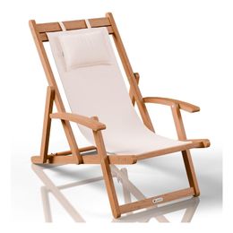 Juskys&reg; Sonnenliege Tavira - Creme, Akazienholz Liege mit UV-best&auml;ndigem Polyesterbezug, verstellbare Komfortposition, klappbar