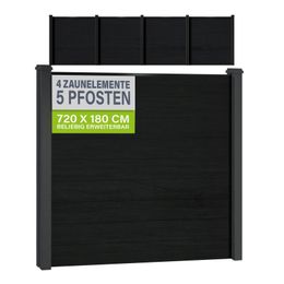 Juskys&reg; WPC Sichtschutzzaun 4er Set - 4x Element + 5x Pfosten & Zubeh&ouml;r, Gartenset WPC- & Stahlkonstruktion, Anthrazit / Grau